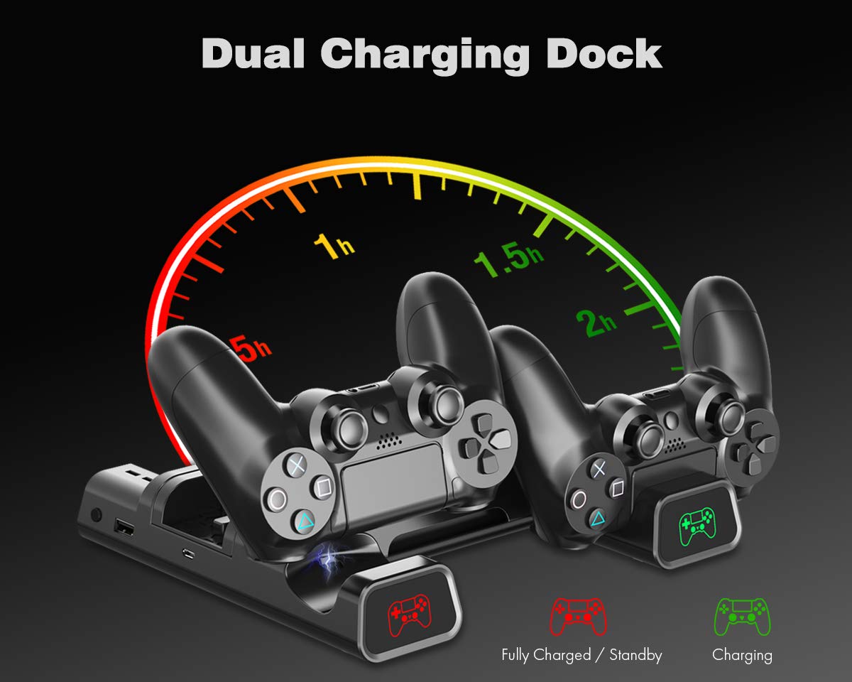 ElecGear PlayStation 4 Vertical Stand and Cooling Fan, Dual Charging Station for DualShock 4 Controller Charger Dock with 4X Mini Dongle, 10x Games Storage Bracket for PS4, PS4 Pro and PS4 Slim