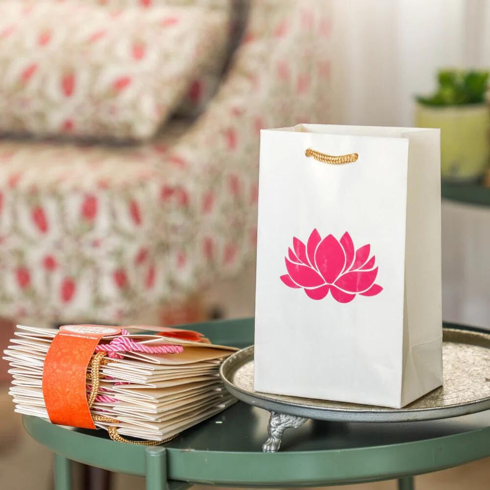 Desi Favors Lotus Gift Bags - Lotus Printed Paper Gift Bags for Christmas Weddings Birthdays Pooja/Puja Return Gifts Shagun Gift Bags - 7.4x4.7x3.14 Inch (Pack of 8)