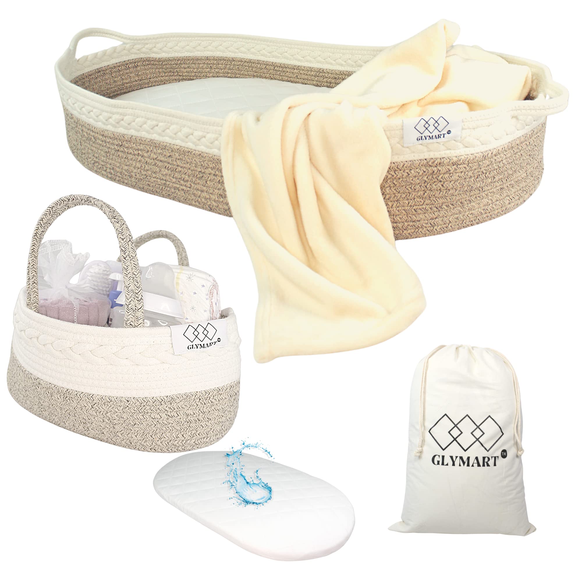 Baby Changing Basket-Diaper Caddy Organizer-Thick Foam Soft Pad & Waterproof Cover w/an Ultrasoft Blanket-Changing Table Topper-6 Piece Set