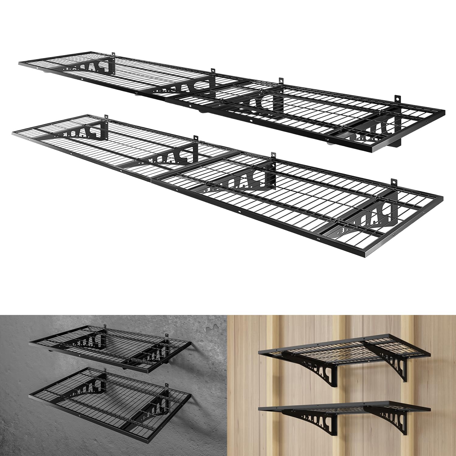 PAOKE Garage Wall Shelving, Heavy Duty Floating Shelves, Load Capacity Up to 1000 lbs, Easily Mounted on The Wall to Save Space in The Garage (1.5x3.8ft Black 4Pack)