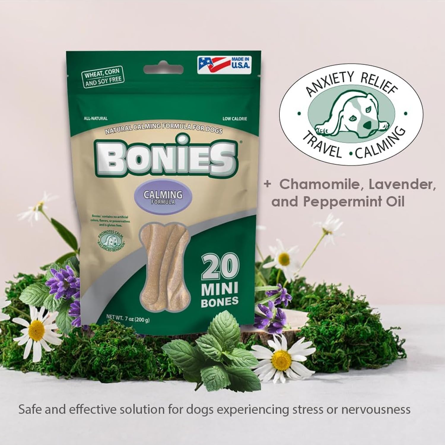 Bonies Natural Calming Formula Small-Sized Single Bone - Contains Chamomile & Lavender, Help Anxiety, Excessive Barking & Trembling, Chicken Flavor, [Small Dogs], 120 Bones