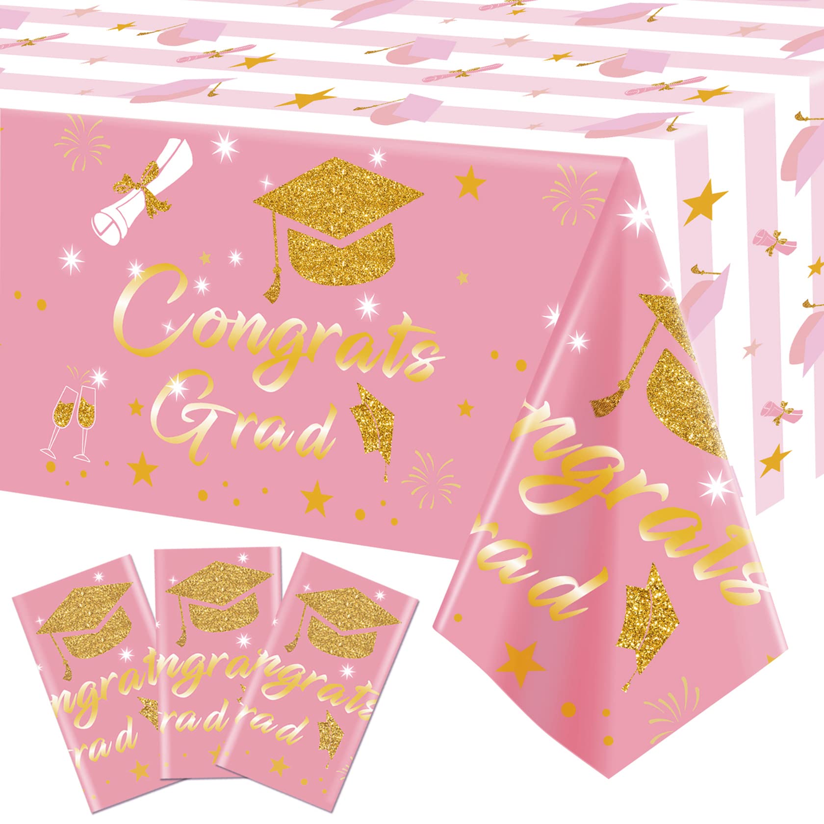 CESOF Graduation Tablecloth Party Decorations 2024, 3 Pack Black and Gold 54"x108" Congrats Grad Disposable Table Covers Plastic Cloth Tablecover for College High School Class of 2024 Party Supplies
