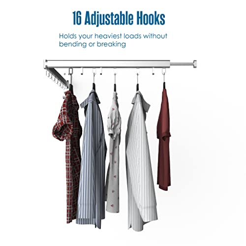 Clothes Drying Rack, Folding Air Dry Laundry, Wall Mounted Hang Dryer, 63"x7", Aluminum, Retractable, Collapsible, Foldable, Pull Out Clothesline for Hanging Shirts, Pants, Indoor, Outdoor w/Hooks