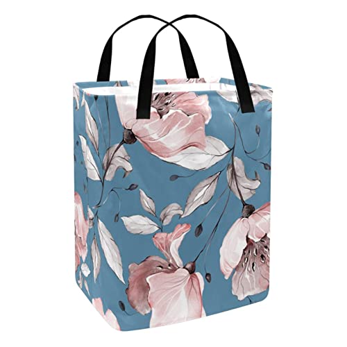 Blossom Flower in Blue Print Collapsible Laundry Hamper, 60L Waterproof Laundry Baskets Washing Bin Clothes Toys Storage for Dorm Bathroom Bedroom
