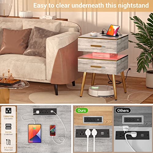 Cyclysio Night Stand with Charging Station, Modern Nightstand Bedside Tables with Led Lights, Bed Side Table Night Stand with Drawers for Bedroom and Sofa Side, 25'' Tall, White Oak Wood Finish