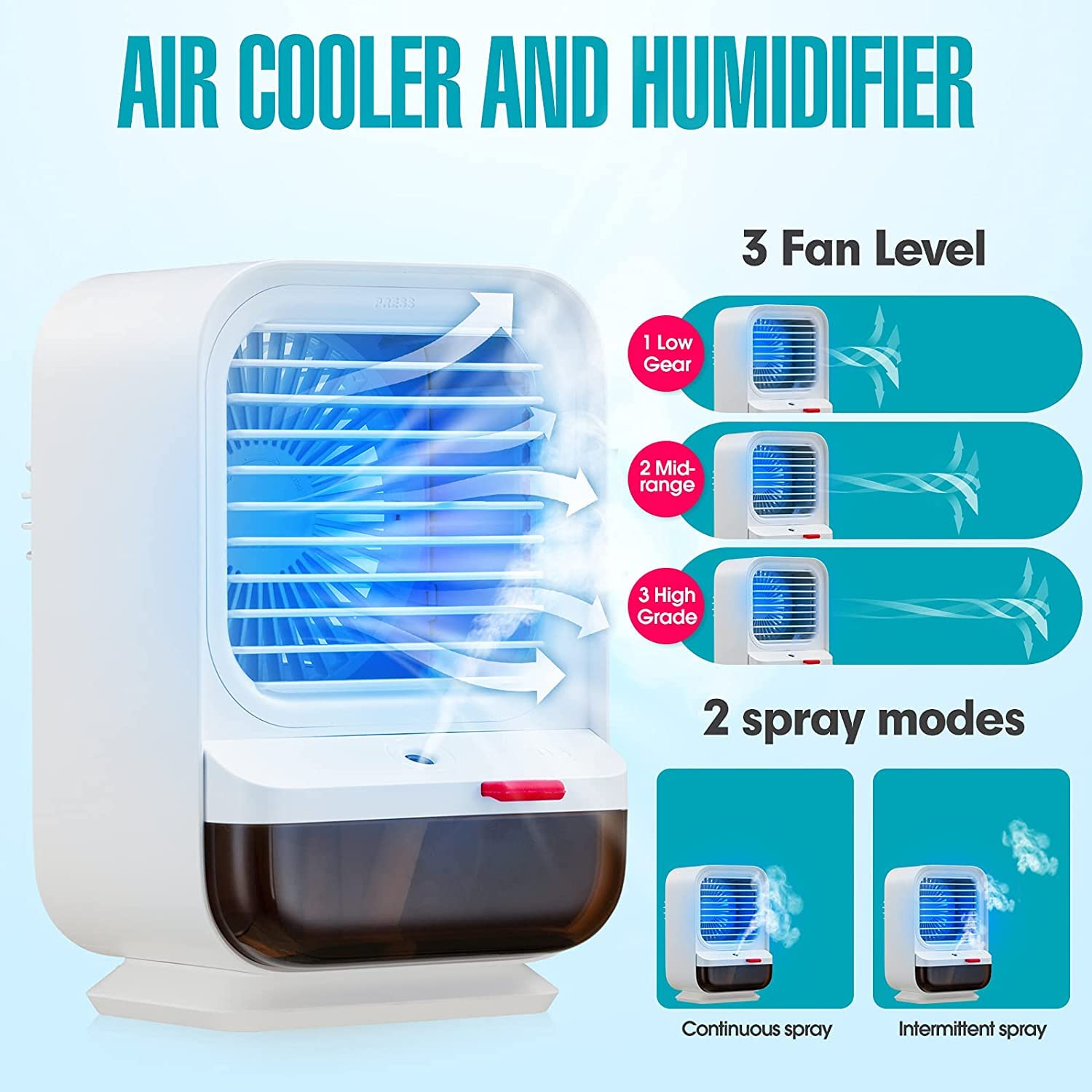 BENBOAR Portable Air Conditioner Fan, Desktop Air Cooler with Automatic Rotation & Water Tank Evaporative Humidifier, Cold Mist Humidifier Atomizer with Warm Night Light, 4000 mAh Power (Desktop fan)