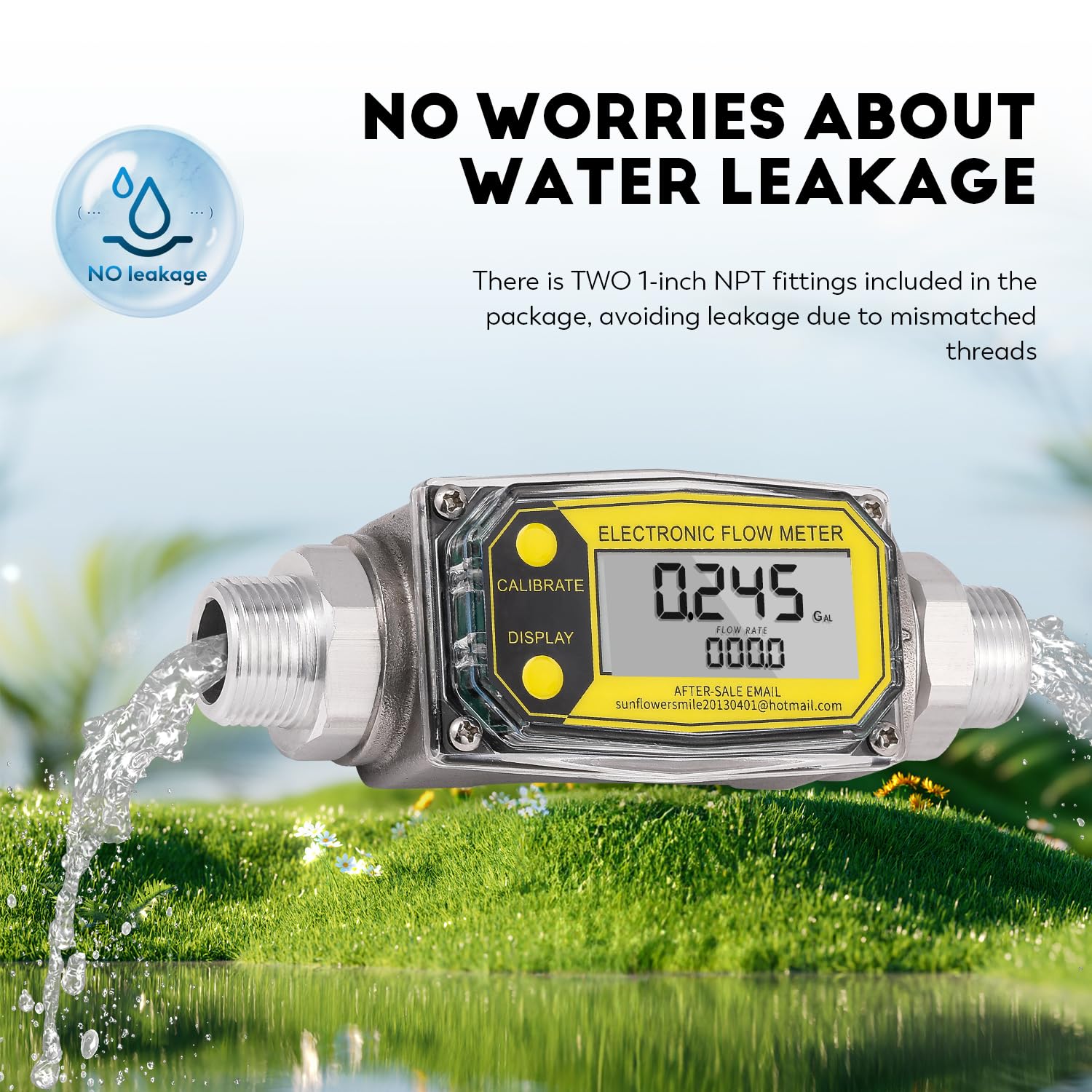 CGOLDENWALL 1” Turbine Fuel Meter, Stainless Steel Water Meter with 1-inch NPT Adapters, Gallon Liquid Flowmeter, Digital Inline Flow Meter for Liquids, Required Flow Rate 2.5-26GPM