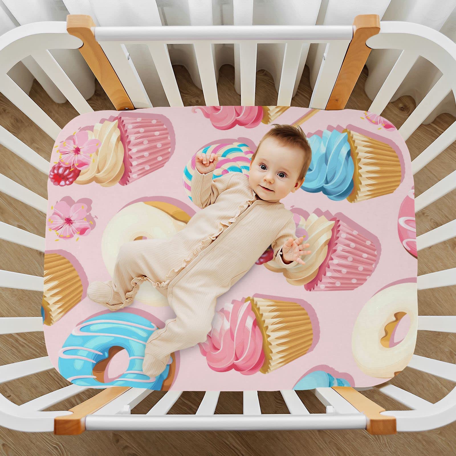 Blueangle Fitted Crib Sheet Cupcakes and Donuts Baby Sheets for Standard Crib Toddler Mattress Cover, Soft Microfiber Breathable Mattress Cover for Boys and Girls(486)
