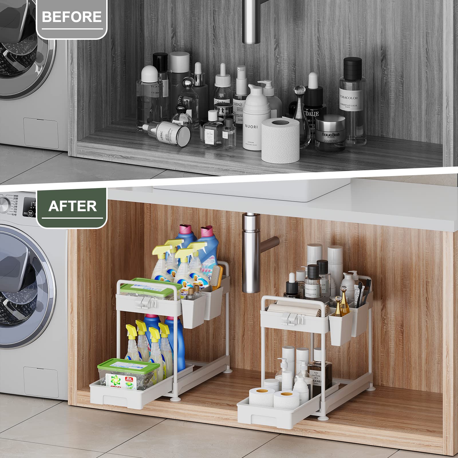 BAYANKHAR Under Sink Organizers and Storage, Multi-purpose Bathroom Organizer Under Sink, 2 Tier Under Kitchen Sink Organizer Sliding Cabinet organizer Basket with Hooks,Hanging Cup,white,2 Pack