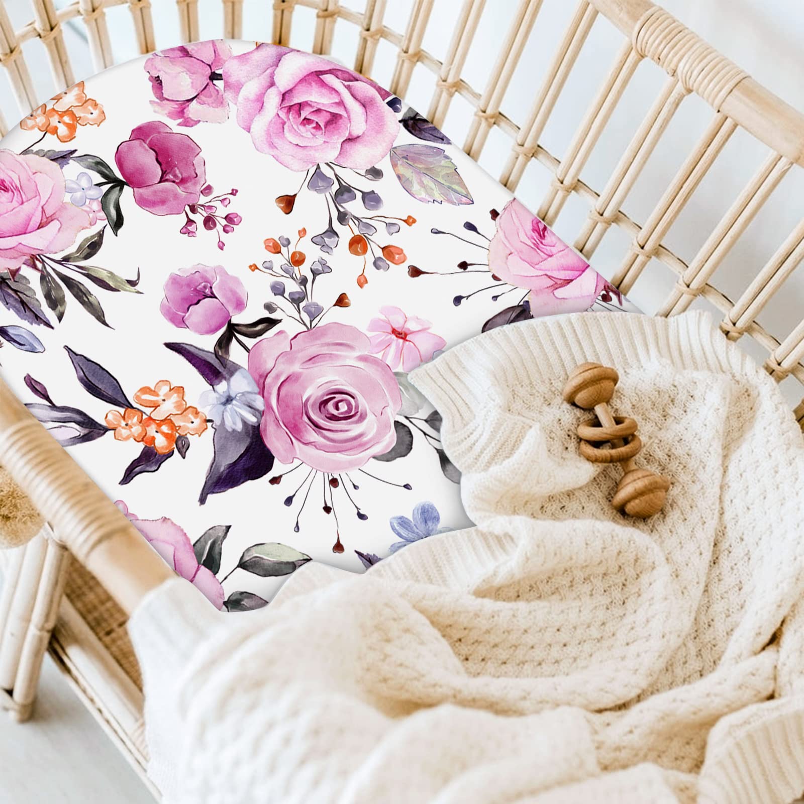 Baby Blanket and Bassinet Sheet Set for Baby Girls, Super Soft Floral Minky Fabric Dotted Backing and Universal Fit