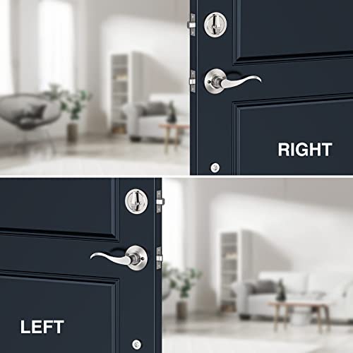 Brightify Satin Nickel Front Door Handle, Satin Nickel Door Handle with Door Lever, Modern Front Door Handle Set, Adjustable Deadbolt Lock Set with Single Cylinder, Reversible for Right&Left