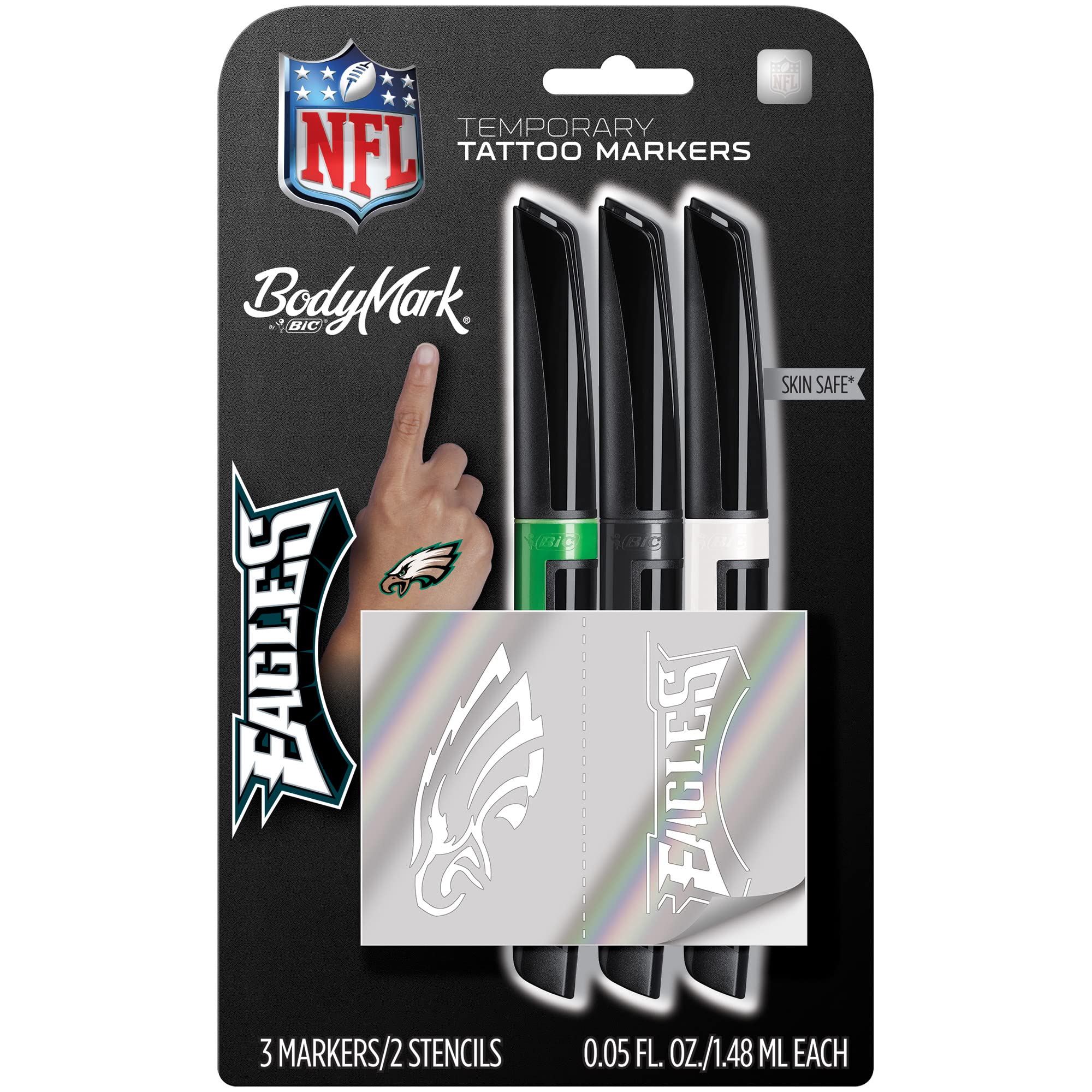 BIC BodyMark, Temporary Tattoo Marker, NFL Series, Philadelphia Eagles, Skin Safe, Brush Tip, Assorted Colors, 3-Pack with Stencils