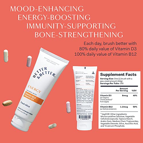 Better & Better Energy Toothpaste with Vitamin B12 & D3 | Fluoride Free, SLS Free Toothpaste 1 CT | Fresh Breath with Organic Mints | Natural, Vegan, and Whitening Toothpaste for Bones & Energy