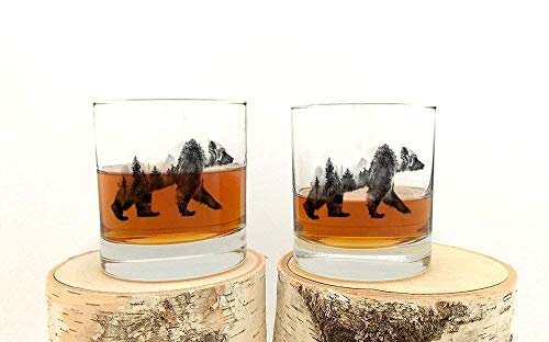Black Lantern Whiskey Glasses – Handmade Whiskey Glass Set and Bar Glasses – Double Exposure Bear Design (Set of Two 11oz. Glasses)