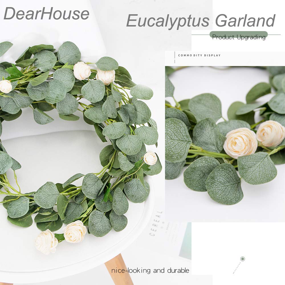 DearHouse 2pc Artificial Eucalyptus Garland Faux Silk Eucalyptus Leaves Vines Handmade Garland Greenery Wedding Backdrop Arch Table Decor, 6.1ft/pc
