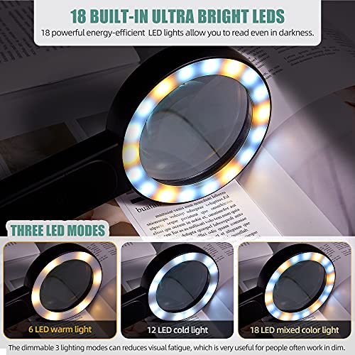 BUSATIA Magnifying Glass 30X, 18LED Handheld Magnifying Glass with Light, 4in Large Glass Magnifier with 3 Modes, Illuminated Magnifying Glass for Reading, Hobbies - with a Lens Cloth(Black)