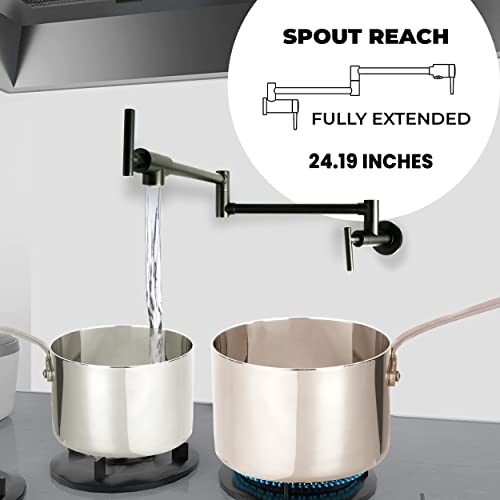 Black Pot Filler Faucet Commercial, Wall Mount Brass Faucet Kitchen Double Joint Spout Swing Arm Folding Stretchable Single Hole Two Handles for Hot or Cold Water