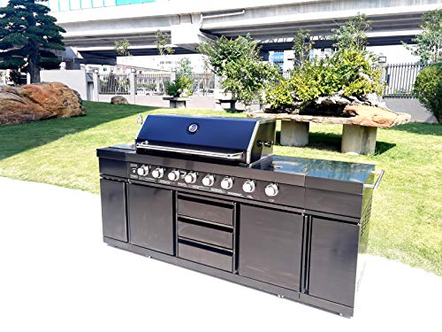 Black Stainless Steel 8 Burner 3 in 1 Island BBQ Outdoor Electric Grill Kitchen, Propane or Natural Gas, with Sink, Side Burner, LED Lights on Knobs, and Free Protective Grill Cover