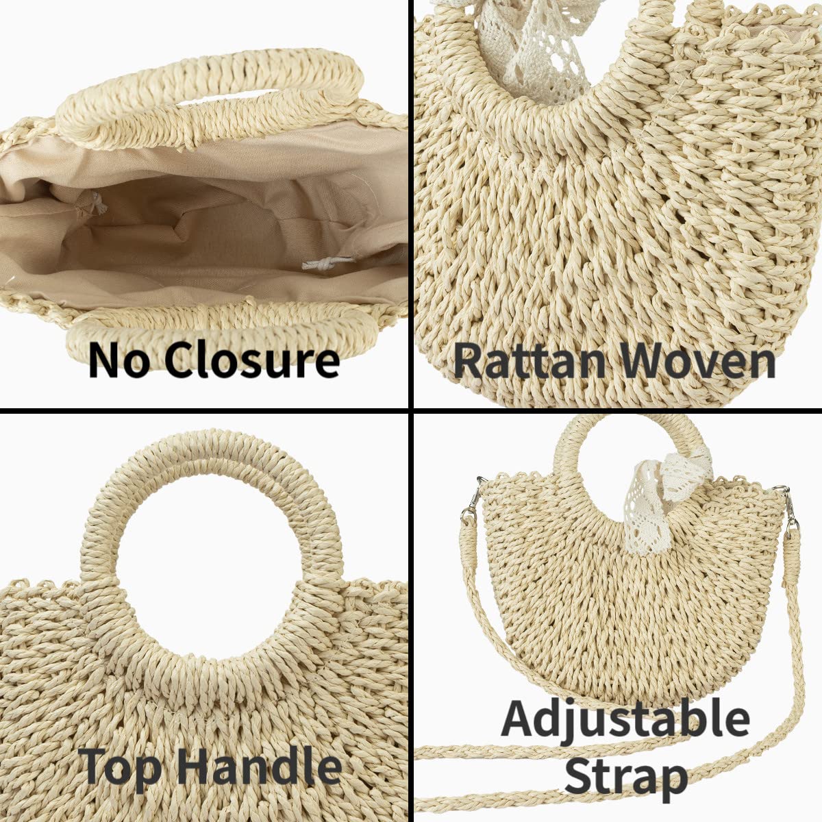Handwoven Rattan Bag for Women Cross Body Bohemian Straw Shoulder Purse Beach Carrying Handbag (Black)