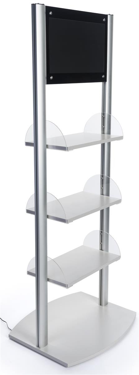 Displays2go 73.25”h Aluminum Tiered Digital Display with 3 Adjustable Shelves and 21.5” LCD Screen – Silver (DRS21SV)