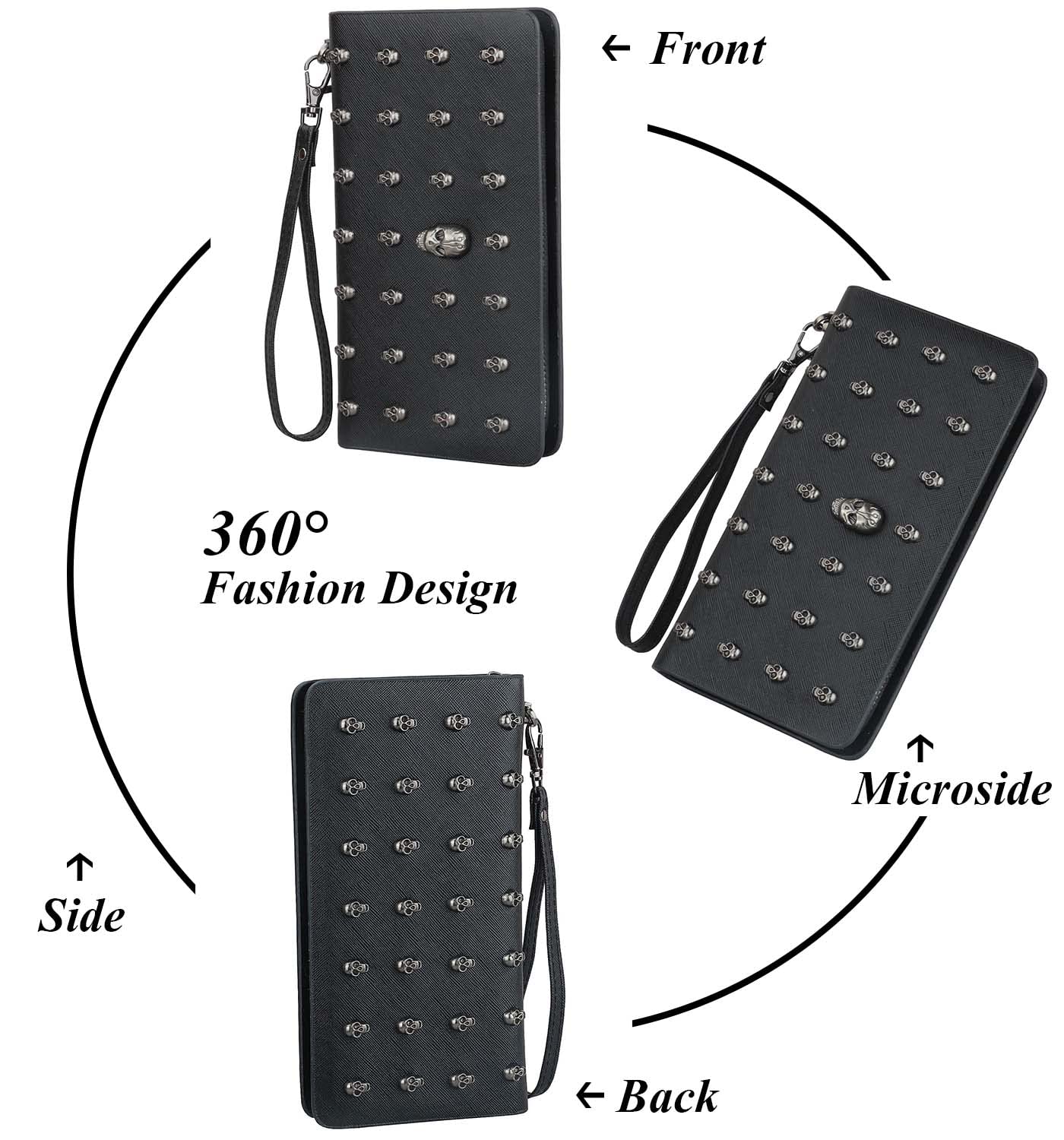 Women's Wallet Large PU Leather Clutch Purse Punk Studded Skull Ladies Wallet Credit Card Holder Organizer Wristlet (Skull)