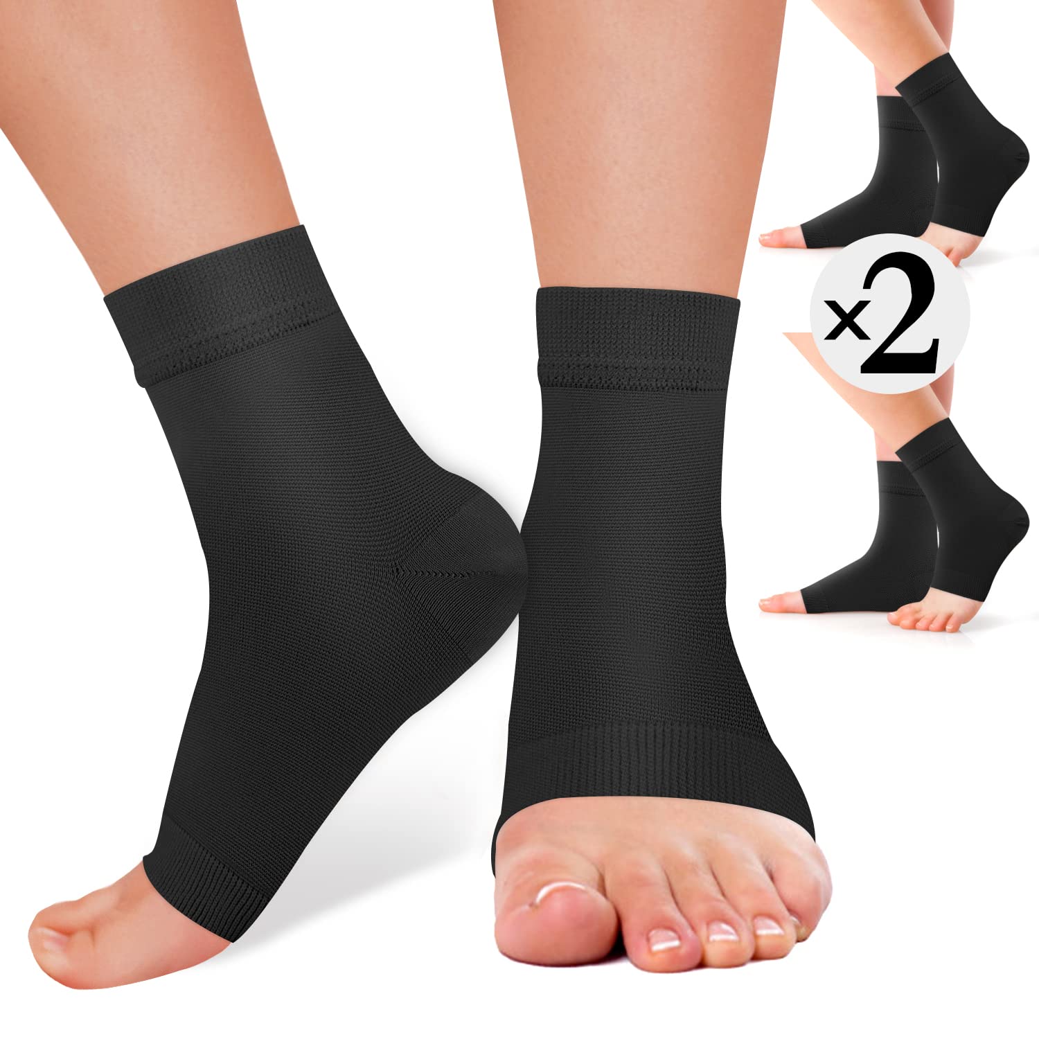 BLUEENJOY 2 Pack Ankle Brace Compression Support Sleeve - 8-15mmHg Best Open Toe Compression Socks for Plantar Fasciitis, Arch Support, Foot & Ankle Swelling
