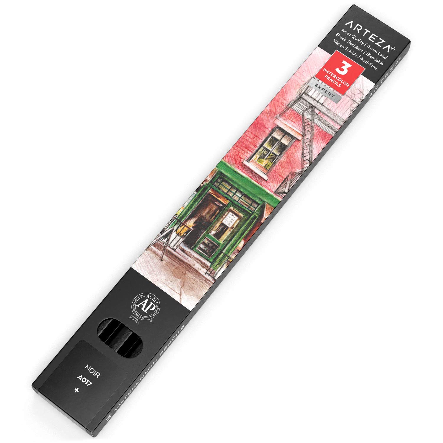 Arteza Professional Watercolor Pencils, Pack of 3, A017 Noir, Water-Soluble Pencils for Coloring, Blending, Layering & Watercolor Techniques