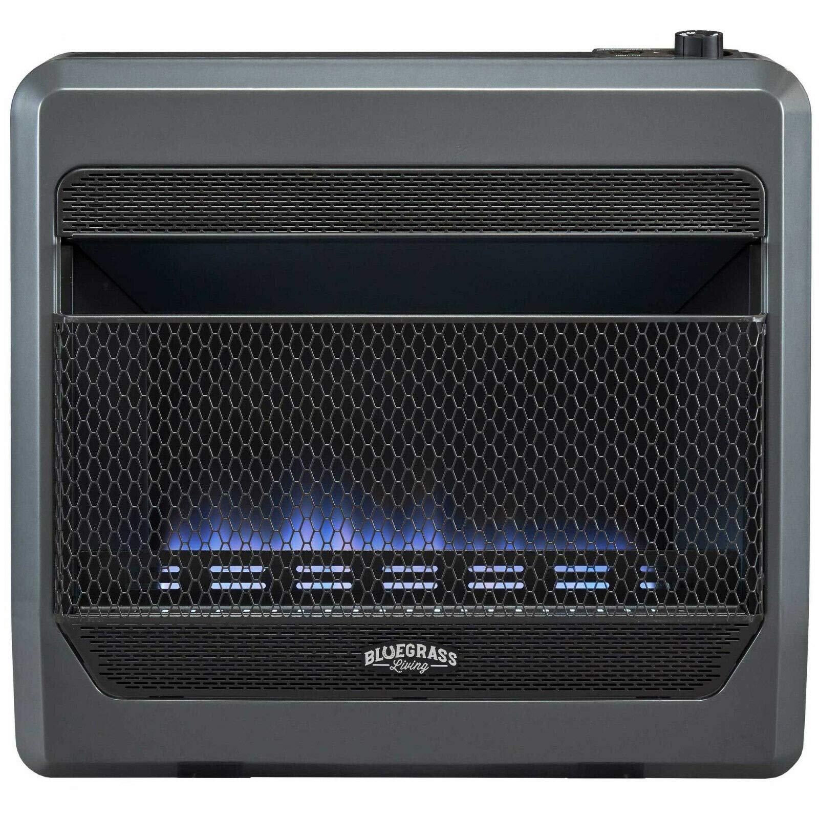 Bluegrass Living B30TPB-BB Ventless Propane Gas Blue Flame Space Heater with Thermostat Control, 30000 BTU, Heats Up to 1400 Sq. Ft., Includes Wall Mount, Base Feet, and Blower, Black