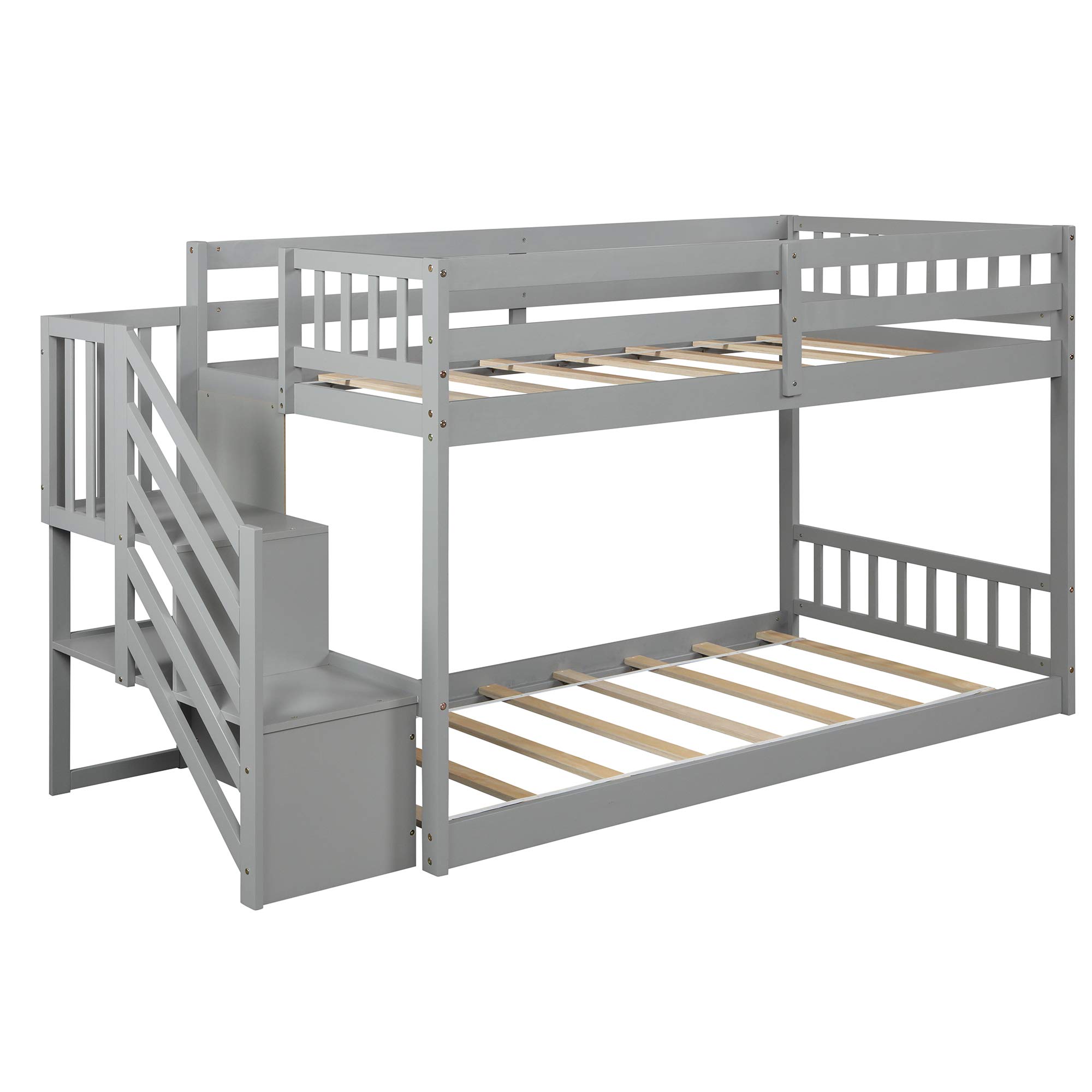 Flieks Bunk Bed with Storage Staircase, Twin Size Bunk Bed for Kids, Teens, No Box Spring Needed (Gray)