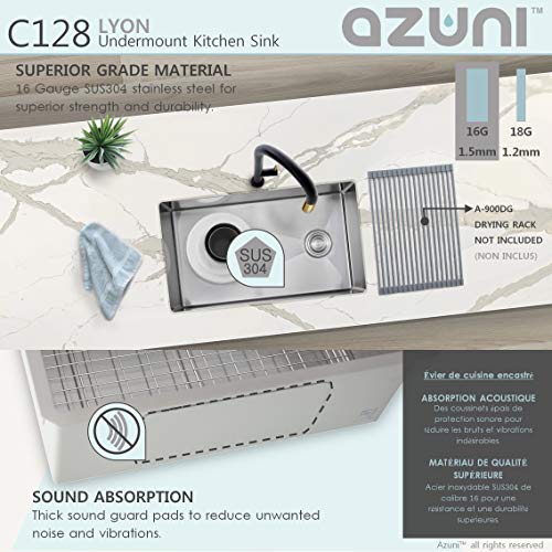 AZUNI 28 inch x 18 inch Single Bowl Undermount 16 Gauge Reversible Deep Stainless Steel Kitchen Sink with Bottom Grid and Luxury Basket Strainer, C128