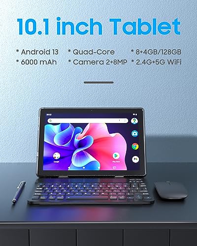 BYANDBY Android 13 Tablet 10 Inch,2 in 1 Tablet with Keyboard 12GB+128GB+512GB Expandable 5G WiFi 6,IPS Touch, Dual Camera Computer Tablets with Case (Black)