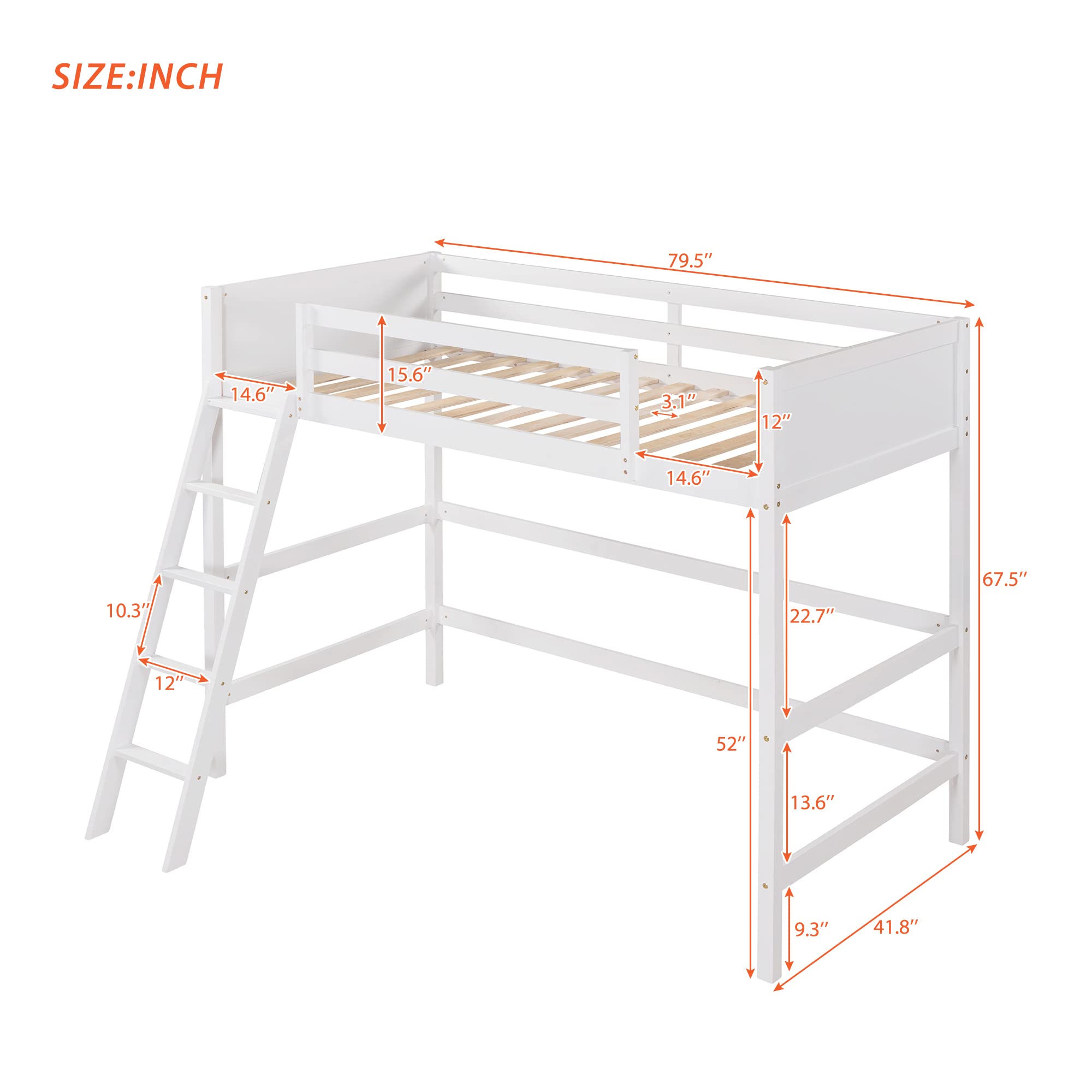 Harper & Bright Designs Twin Size Loft Bed with Inclined Ladder, Solid Wood Loft Bed Twin Frame with Full Length Guardrails for Kids Adults Boys Girls Teens, No Box Spring Needed (White)