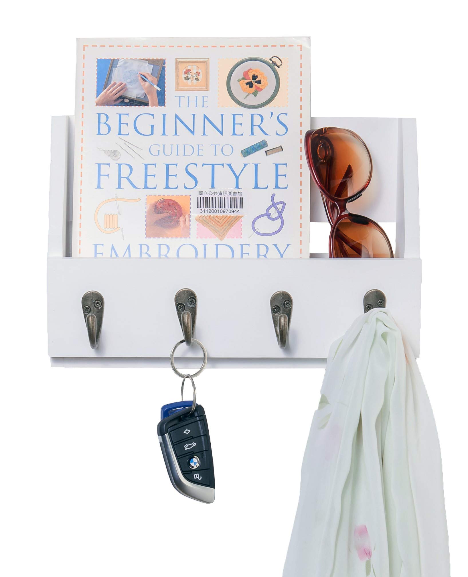 Flintar Wall Mounted Key and Mail Holder with 4 Hooks. Made of Solid Wood. Use as Key Rack, Entryway or Mudroom Organizer, Mail Sorter, Magazine Holder, Bill Sorter, Rustic Home Décor (White)