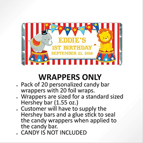 Circus Personalized Candy Wrappers for Chocolate, Kids Birthday Party Favors, Pack of 20 Custom Hershey Bar Labels