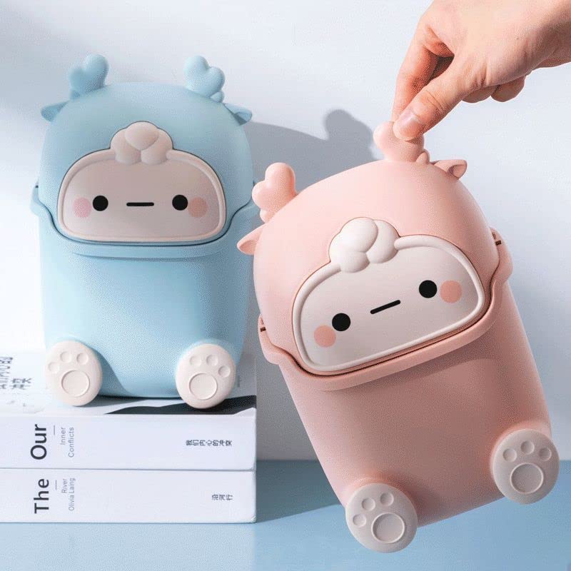 Mini Trash Can, Cute Cartoon Mini Wastebasket Trash Can with Swing Lid Reusable Plastic Small Wastebasket Tiny Desktop Waste Garbage Bin(Pink)