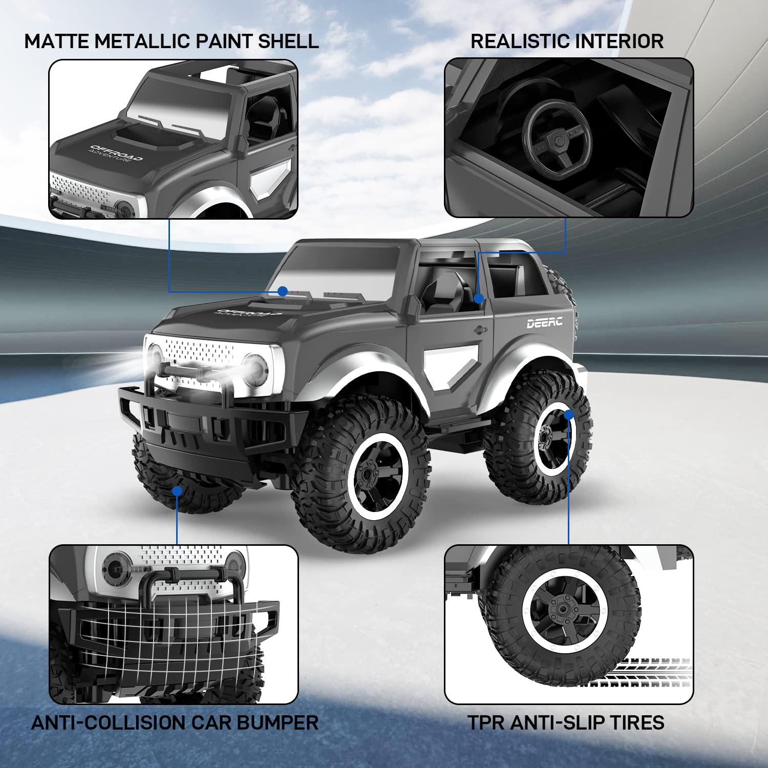 DEERC Remote Control Jeep Car with Realistic Headlight & Taillight, 160 Mins Play SUV Vehicle with Spare Tire, 2.4Ghz 1:18 All-Terrain Monster Trucks for Boys, Off-Road RC Trucks Gift for Kids