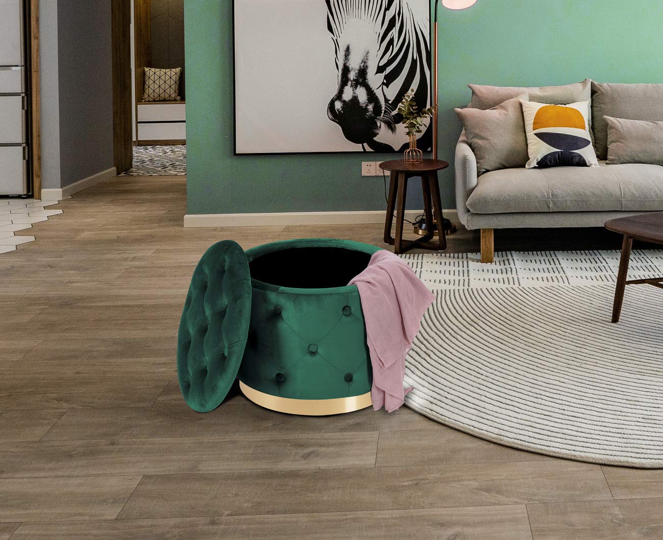 DEERUN Modern Velvet Tufted Button Upholstered Round Storage Ottoman Foot Rest Stool, Vanity Stool, Green