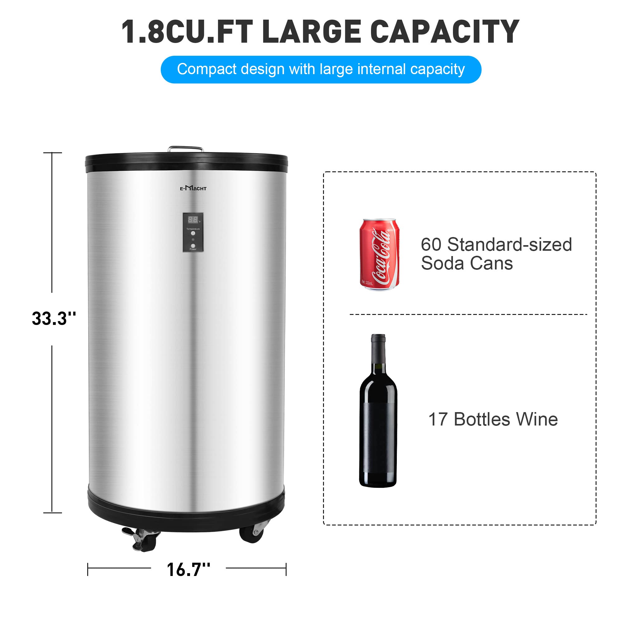 E-Macht Party Cooler - 1.8 Cu. Ft Beverage Refrigerator and Cooler with 4 Universal Wheels, 2 Removable Baskets, LCD Display for Soda Beer or Wine, Perfect for Home, Bar, Apartment