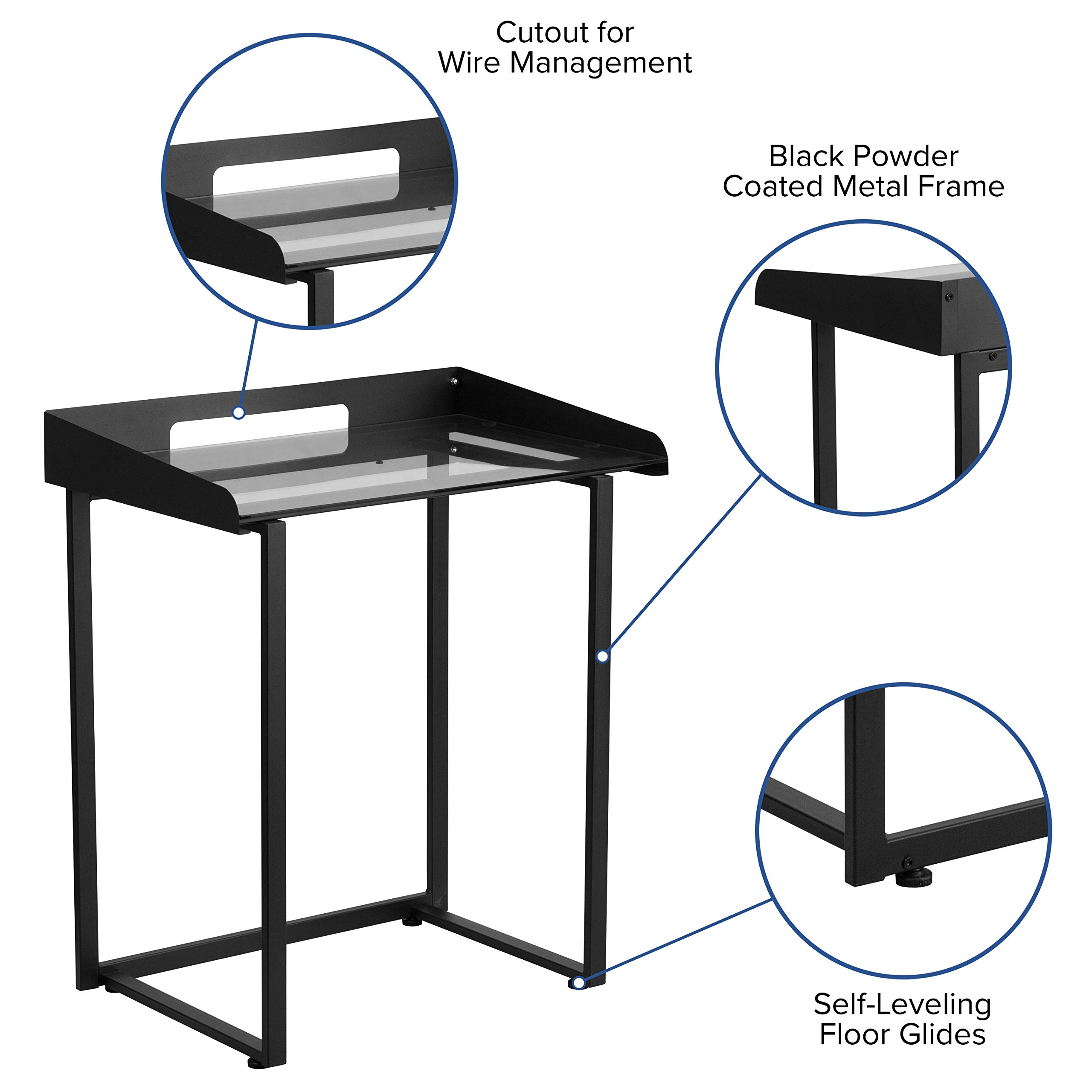 Flash Furniture Jayden Contemporary Clear Tempered Glass Desk with Raised Cable Management Border and Black Metal Frame