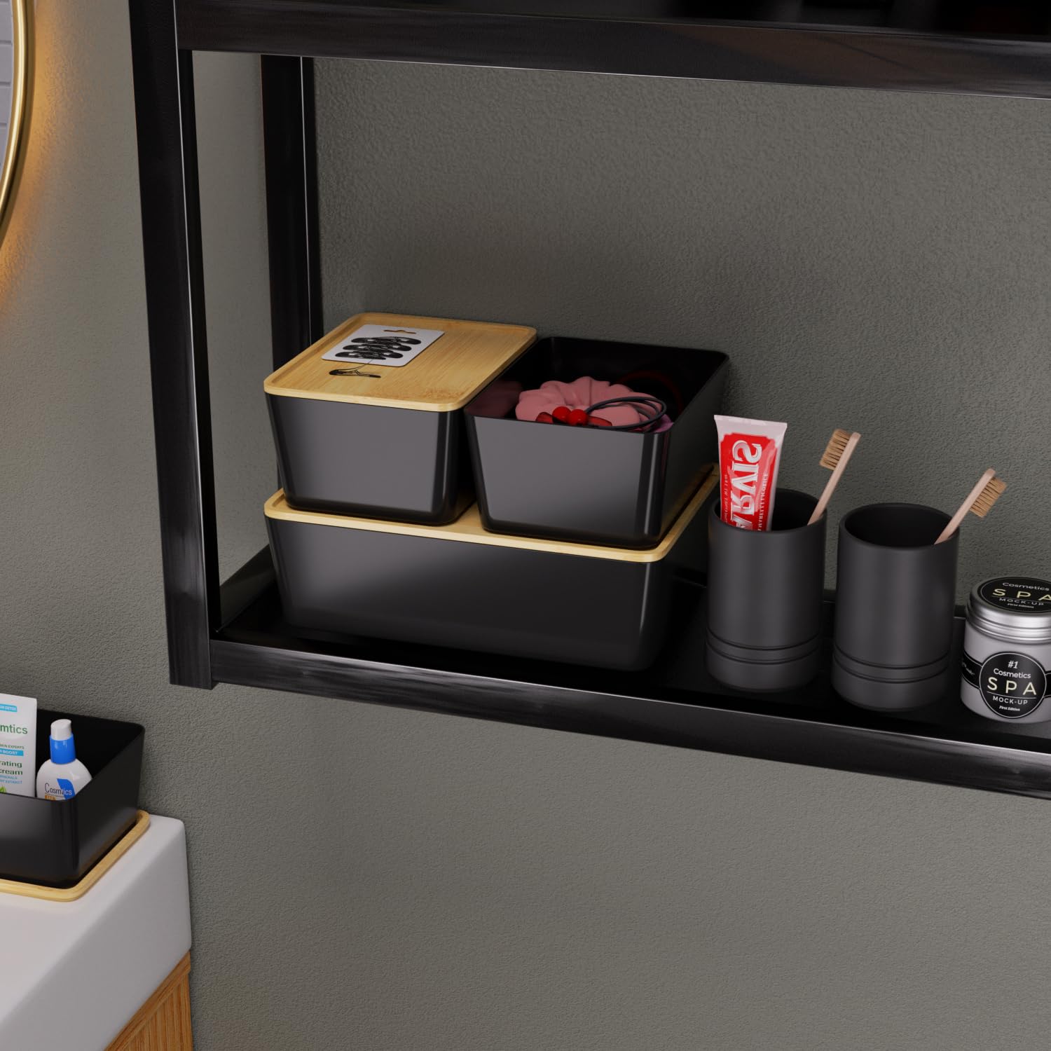 CHANCETSUI Stackable Storage Bins lids For Work: 7X10 Black Storage bins, Office Desk Accessories Storage Containers with Lids, Stackable Bins for Home and Office Organization, bamboo Lid, 2 Pack