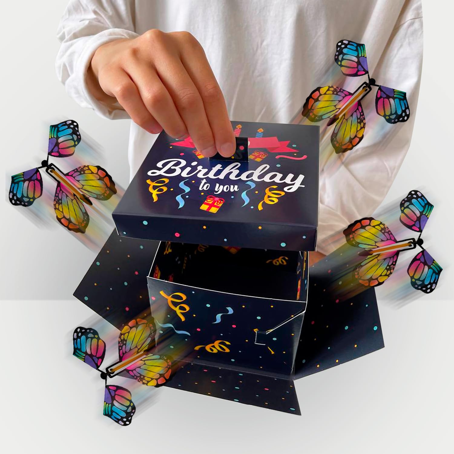 FETTIPOP DIY Butterfly Explosion Gift Box (Happy Birthday) 7.1x5.5x4.3 inches, Surprise Flying Butterfly Box Prank