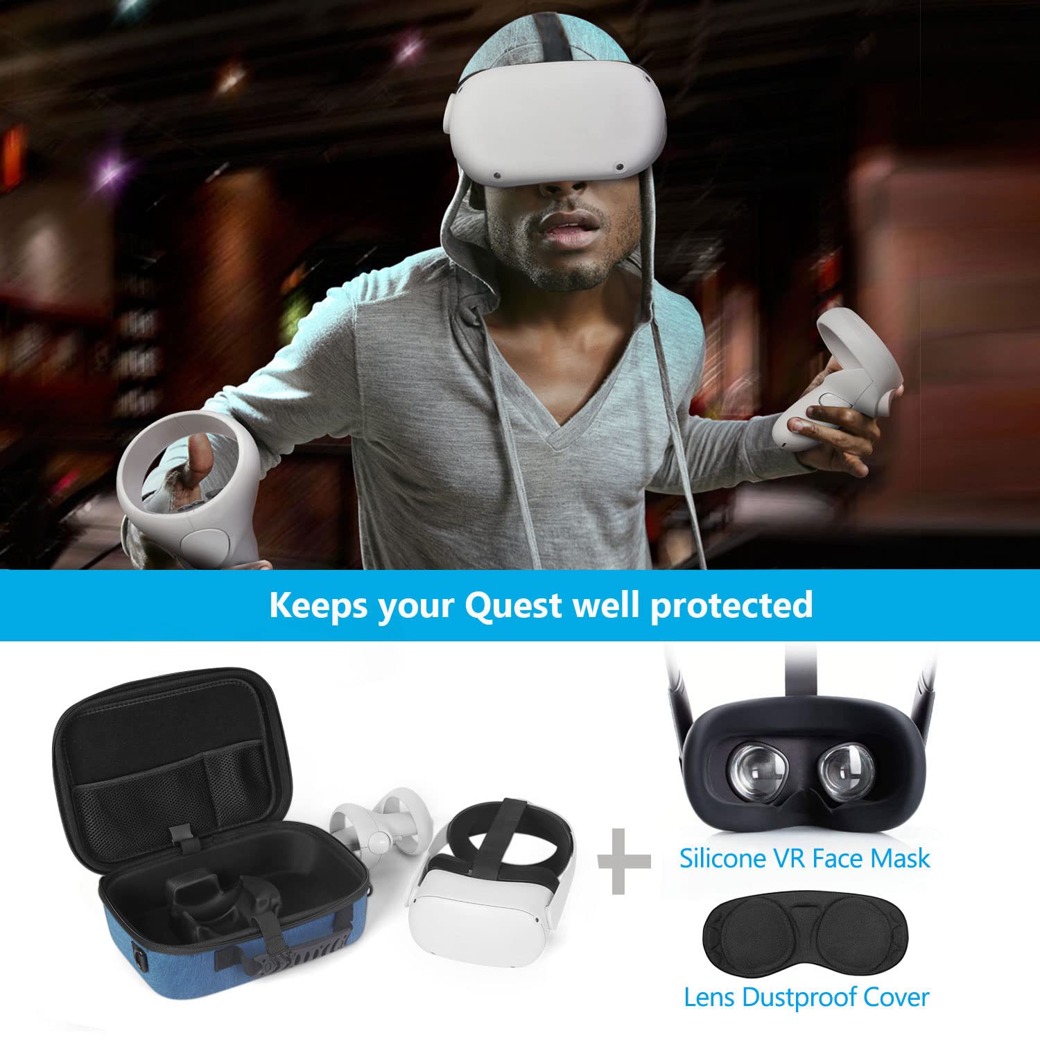 JSVER Storage Case for Meta Quest 2 Carrying Case For Oculus Quest 2 and Controllers, Elite Strap Accessories, Hard Shell Travel Protective Case for Meta/Oculus Quest 2 with Shoulder Strap (Blue)