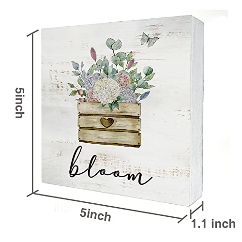 Bloom Wood Box Sign Home Decor Rustic Spring Flowers Bloom Wooden Box Sign Block Plaque for Wall Tabletop Desk Home Decoration