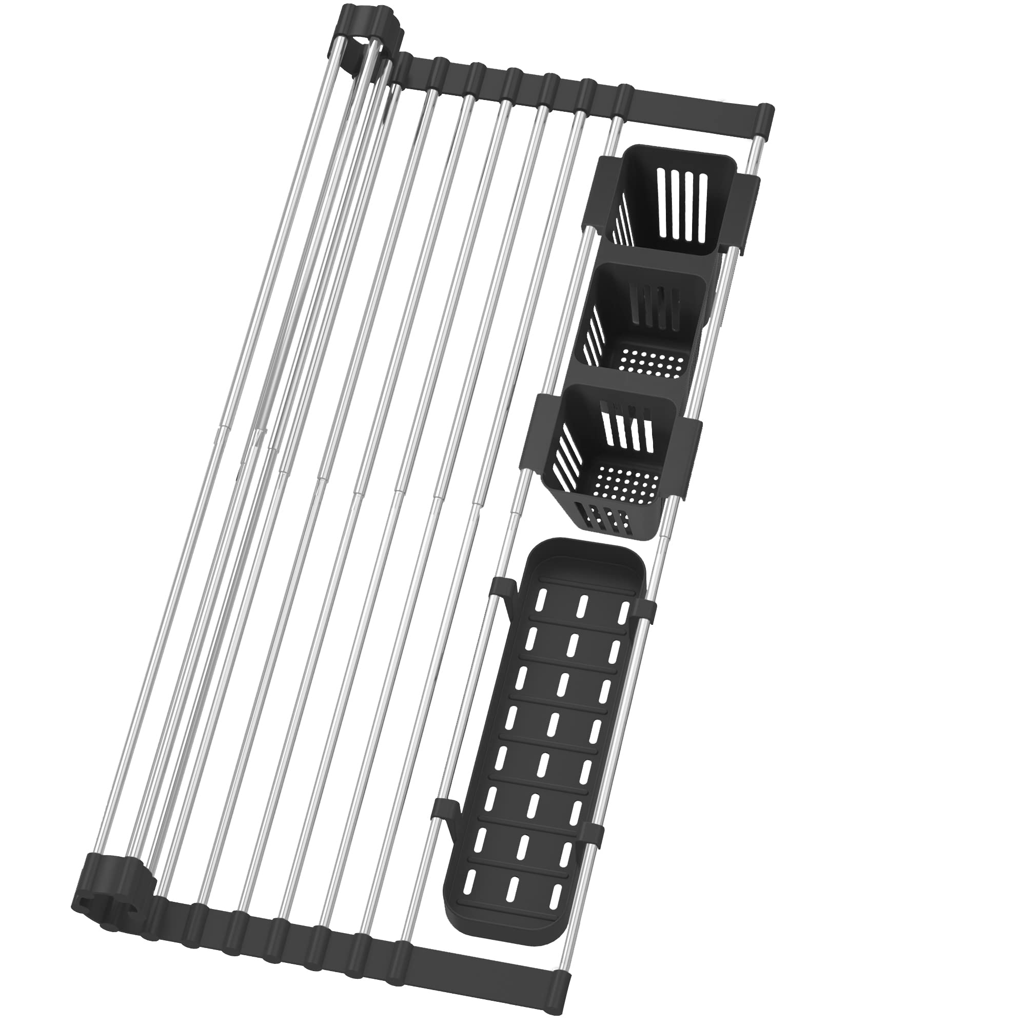 BBXTYLY Black Expandable Roll Up Dish Drying Rack Up to 22.8''with 2 Storage Baskets,Over The Sink Rolling up Dish Drainer, Foldable,Rollable,for Kitchen Dishes,Cups