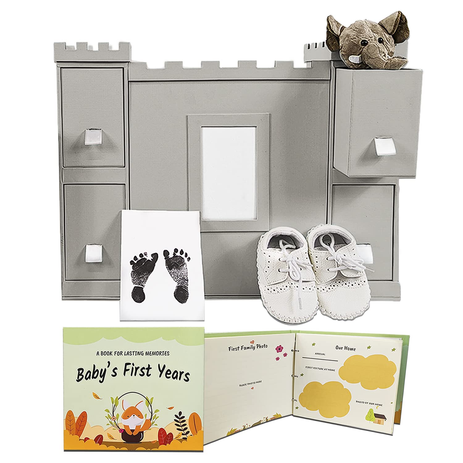 Baby Keepsake Box Castle for Boy or Girl with Multiple Baby Keepsake Storage Organizer Drawers, with Baby Memory Book Keepsake Album for Photo Scrapbook and Milestones, First Year+, Keepsakes Label