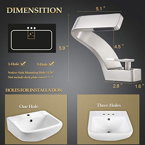 becola Bathroom Sink Waterfall Faucet,Solid Brass Single Handle Hot and Cold Water Mixer Tap, Lavatory Vanity Sink Faucet Including Two US Standard 3/8" Hoses(Brushed Nickel)