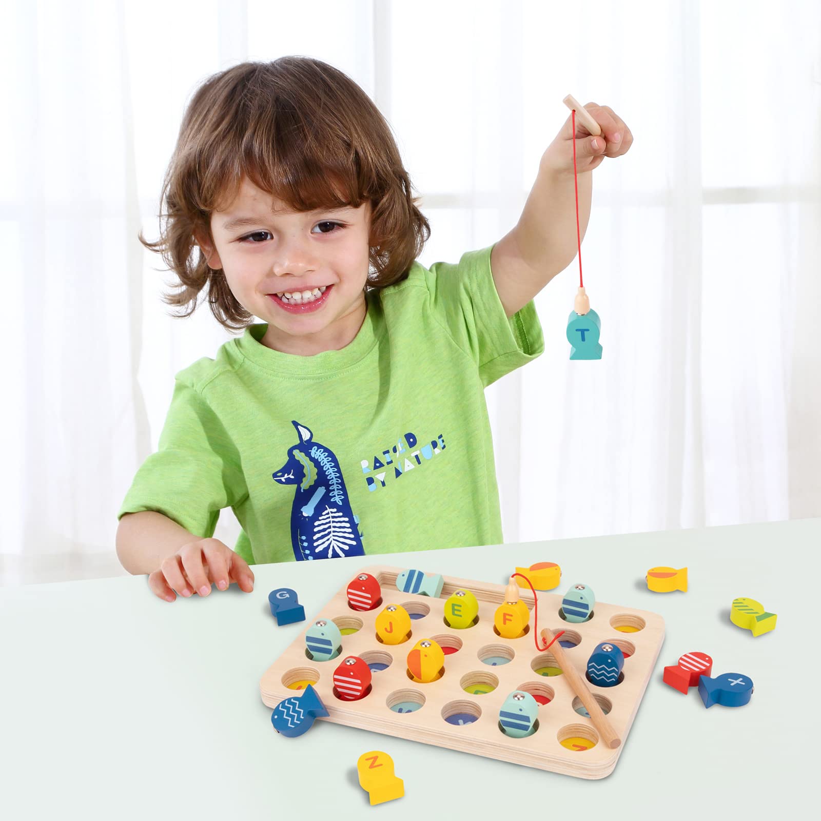 TOOKYLAND Wooden Magnetic Fishing Game - 29pcs - Alphabet and Spelling Educational Sorting Toy for Kids 3 Years Old +