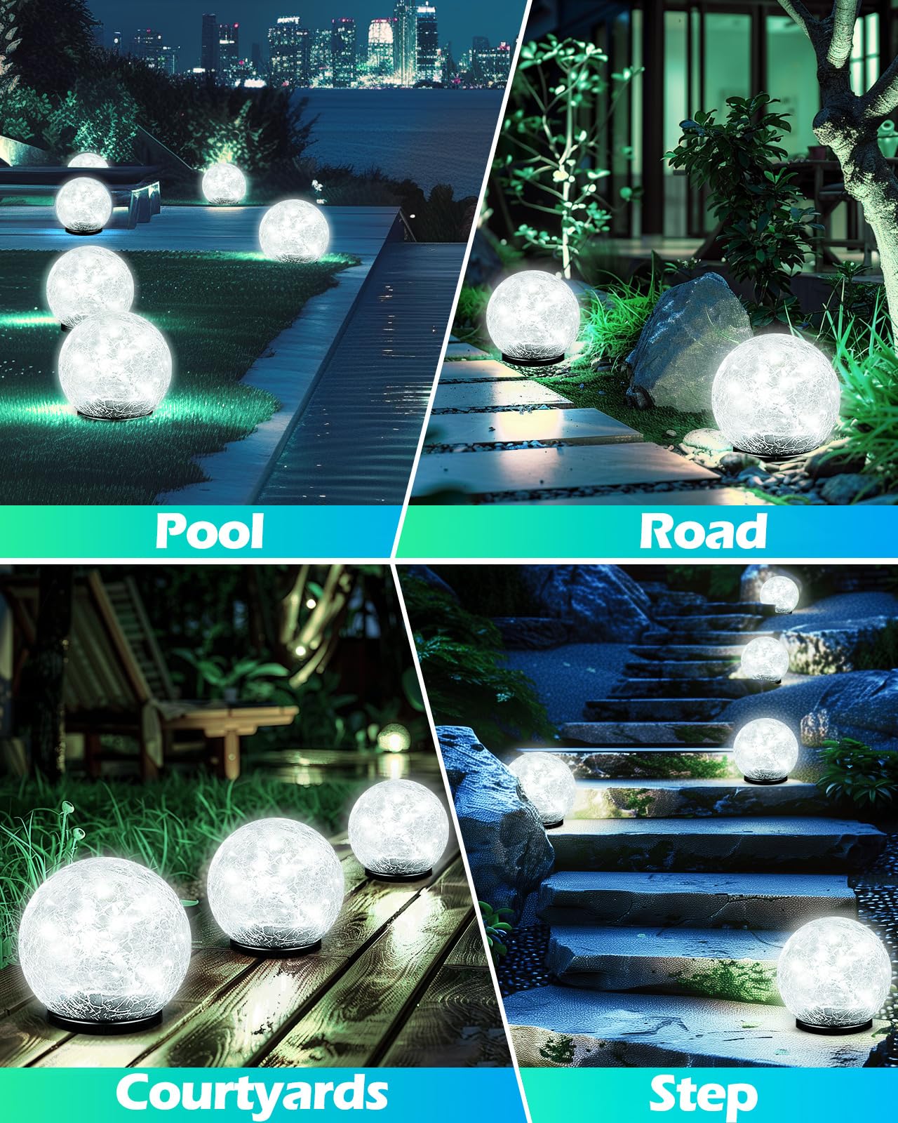 Garden Solar Ball Lights Outdoor Waterproof, 50 LED Cracked Glass Globe Solar Power Ground Lights for Path Yard Patio Lawn, Outdoor Decoration Landscape White (2 Pack 4.7'')