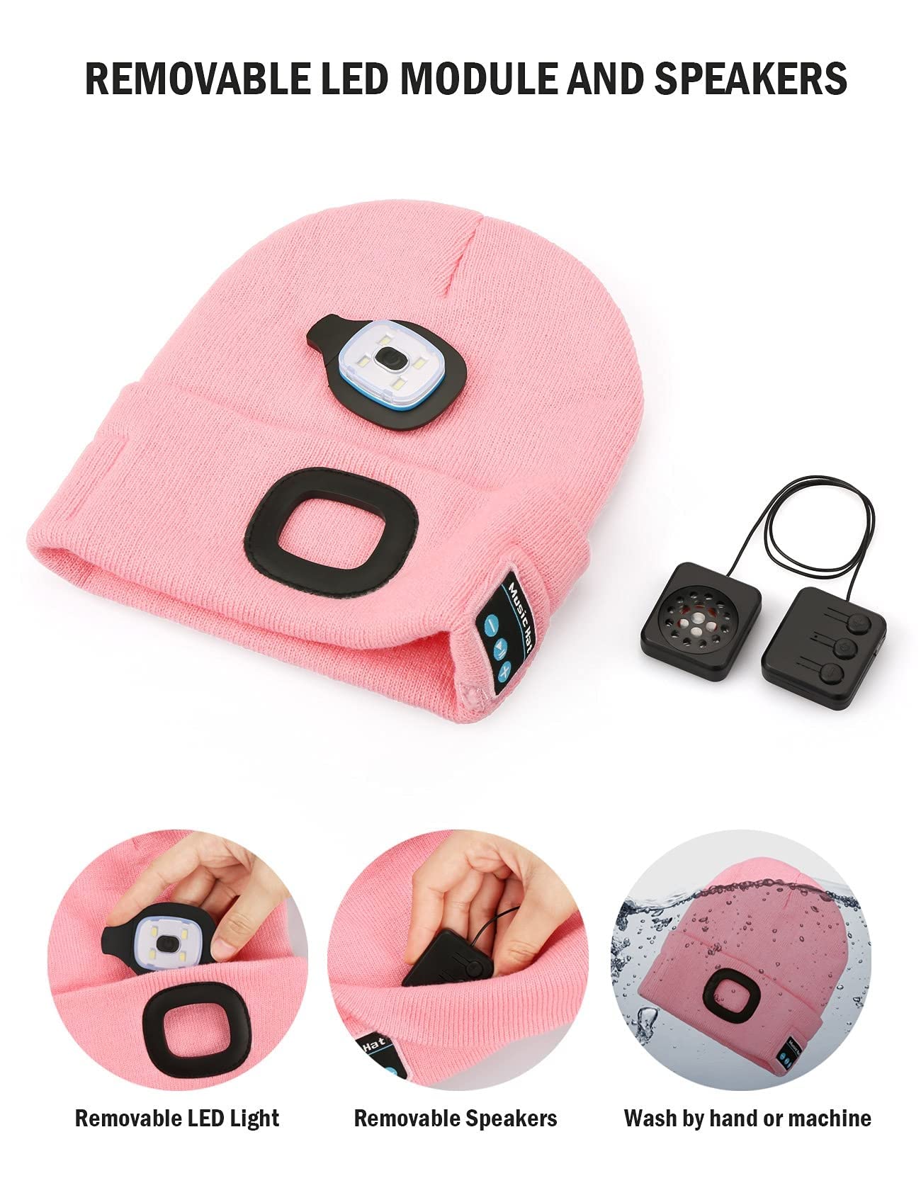 Bluetooth Beanie Hat with Light, Unisex USB Rechargeable LED Headlamp Cap with Headphones, Built-in Speakers (Color : Natural, Size : One Size)