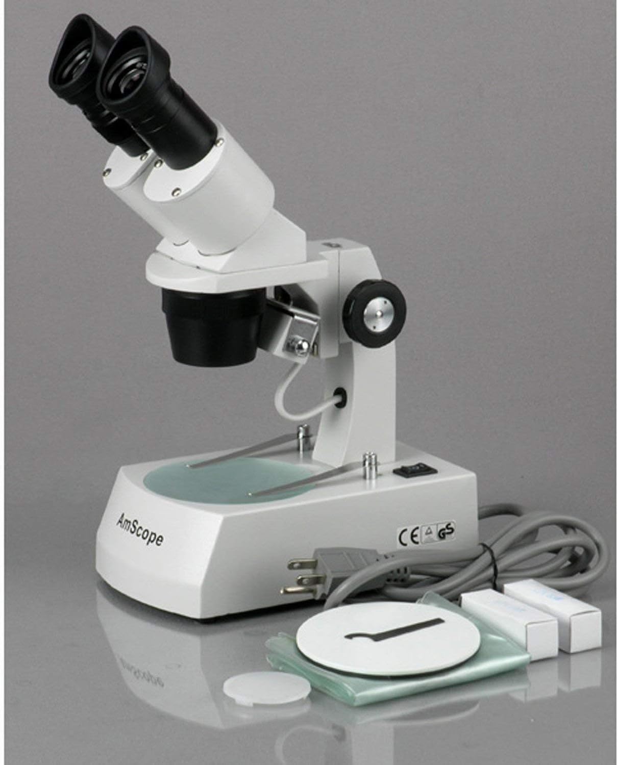AmScope SE305R-AZ Forward-Mounted Binocular Stereo Microscope, WF10x and WF20x Eyepieces, 10X/20X/30X/60X Magnification, 1X and 3X Objectives, Upper and Lower Halogen Light Source, Arm Stand, 120V